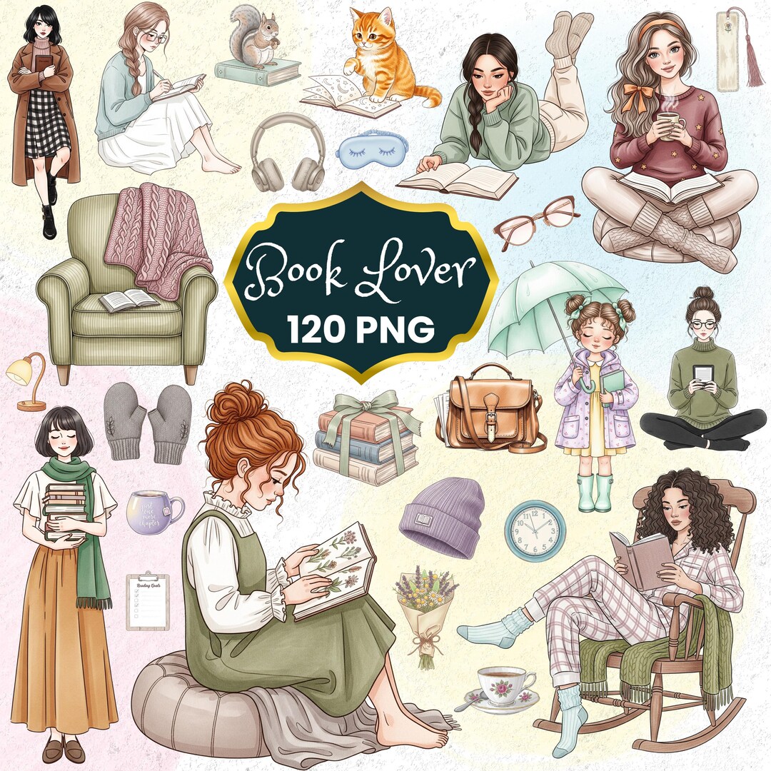 Booklover Clipart PNG, Cozy Reading Clipart, Booklover Girl, Bookworm ...