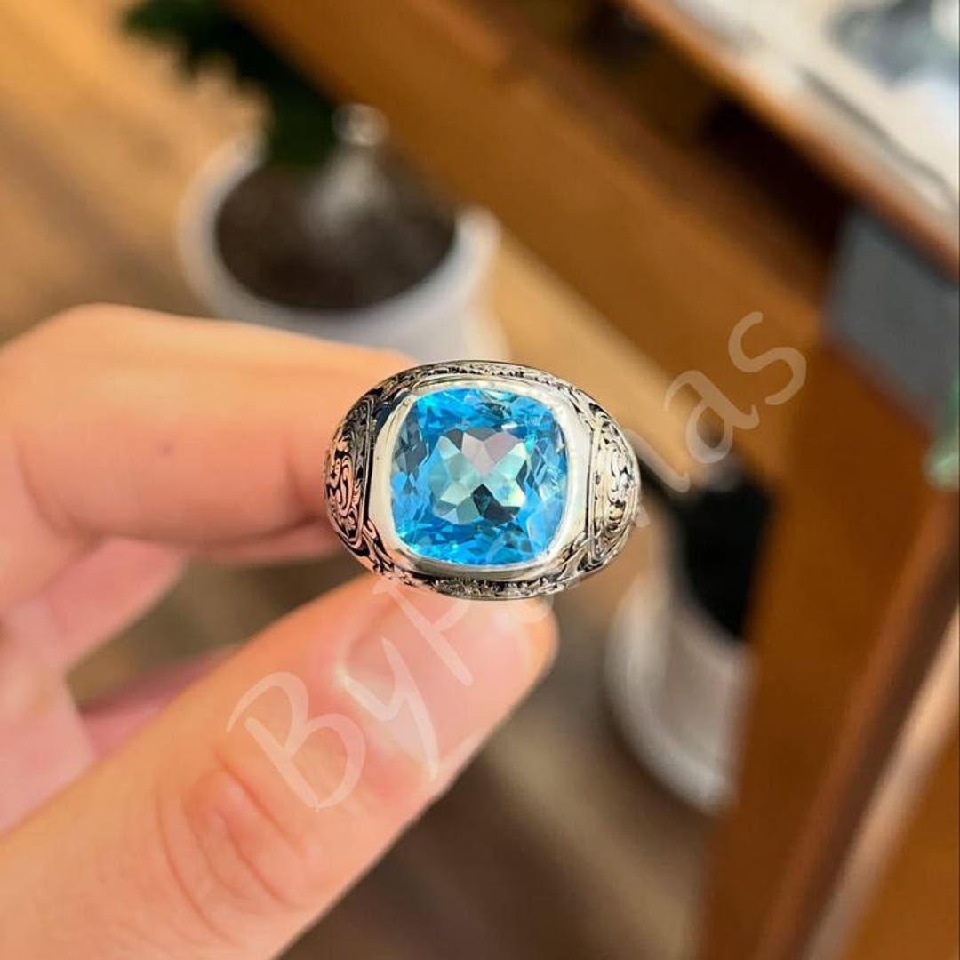 Men's Blue Topaz Stone Unique Silver Ring, Blue Stone Ring, Gift ...