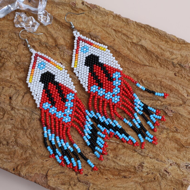 MMIW Awareness Earrings, Red Handprint Beaded Fringe, Native Style ...