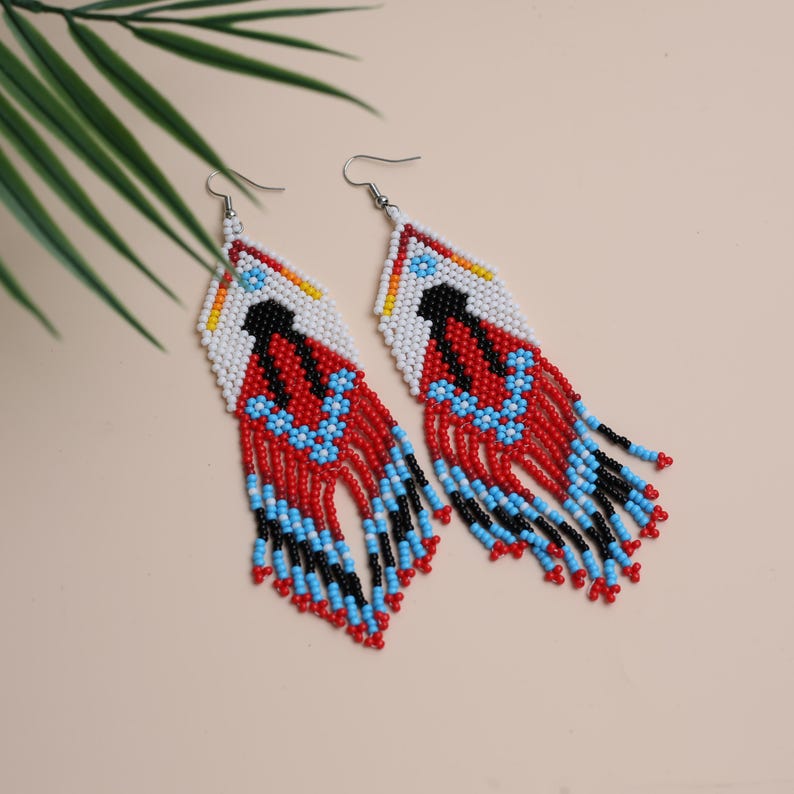 MMIW Awareness Earrings, Red Handprint Beaded Fringe, Native Style ...