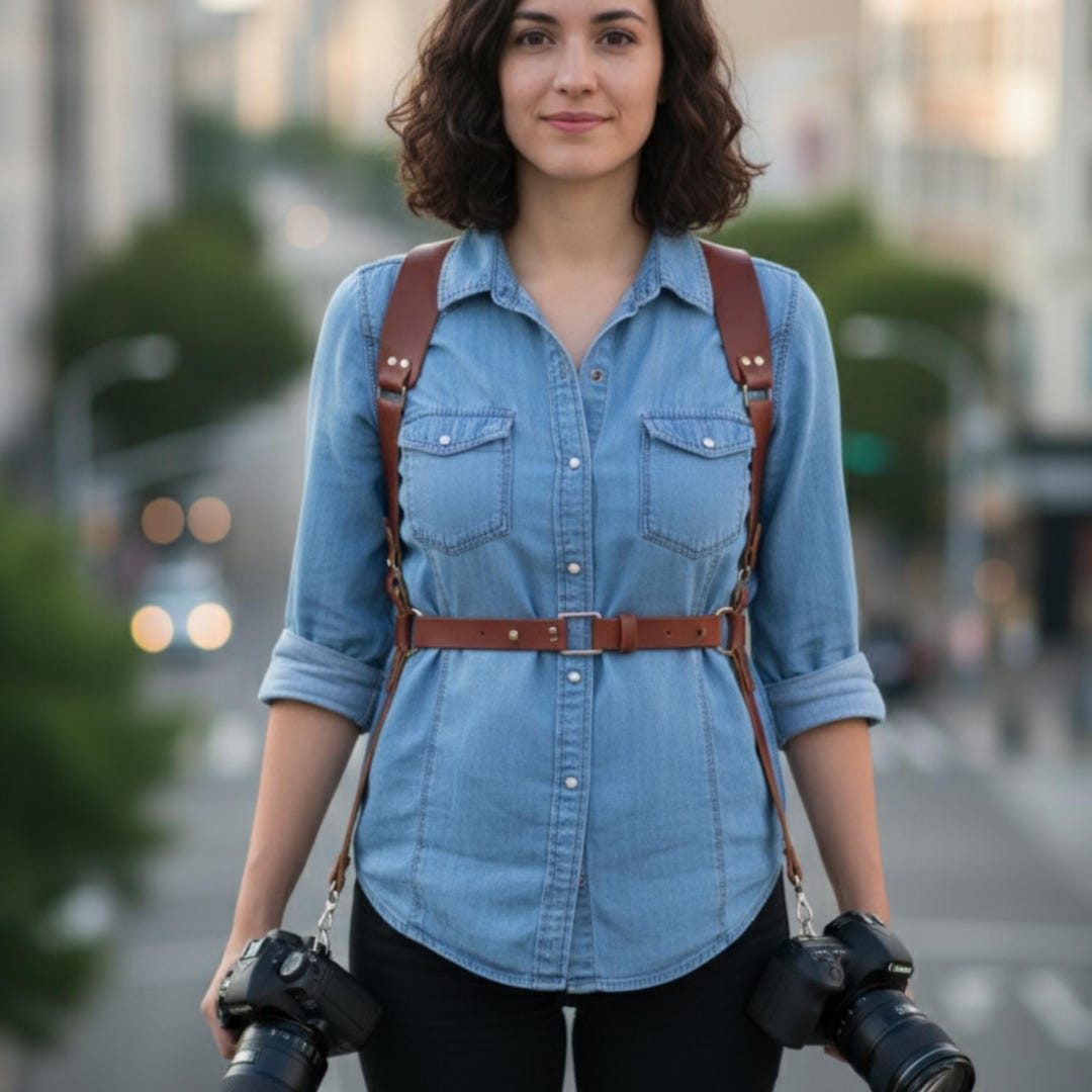 Custom Brown Leather Dual Camera Chest Harness | Custom Photographer ...