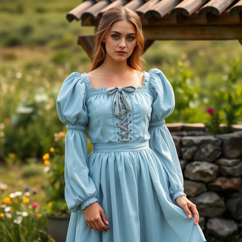 Sky Blue Renaissance Dress, Medieval Puffed Sleeves Dress for Her ...
