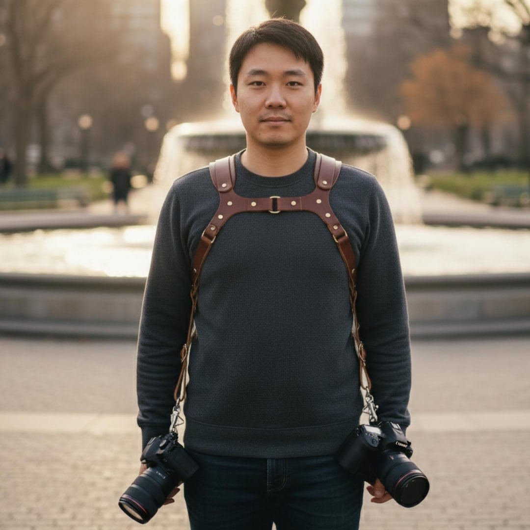 Custom Brown Leather Dual Camera Chest Harness | Handmade Double Strap ...