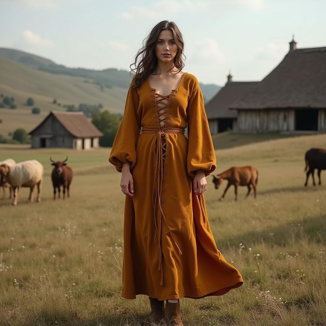 Golden Mustard Medieval Dress, Lace-up Bodice, Cottagecore Long Flowing ...