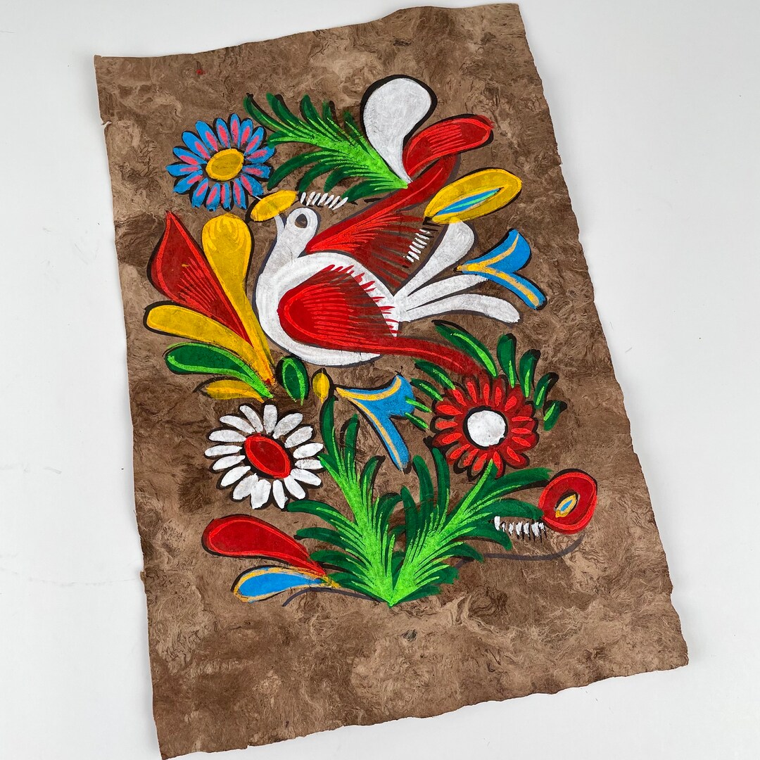 Vintage Amate Paper Tropical Painting, Mexico Folk Art, Bird and ...