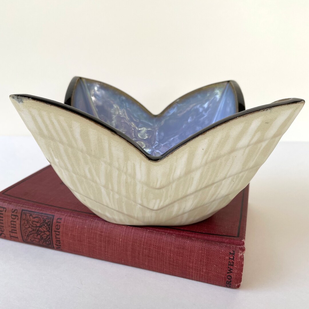 Vintage Periwinkle and Cream Stoneware Pottery Bowl, Abstract Square ...