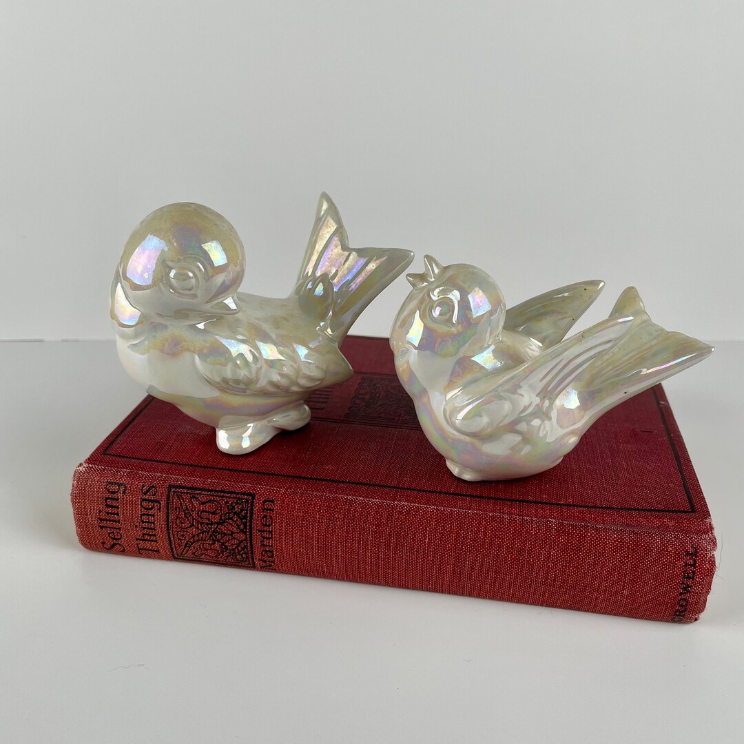 Vintage Pair of Small Ceramic Bird Figurines White Luster Glaze ...