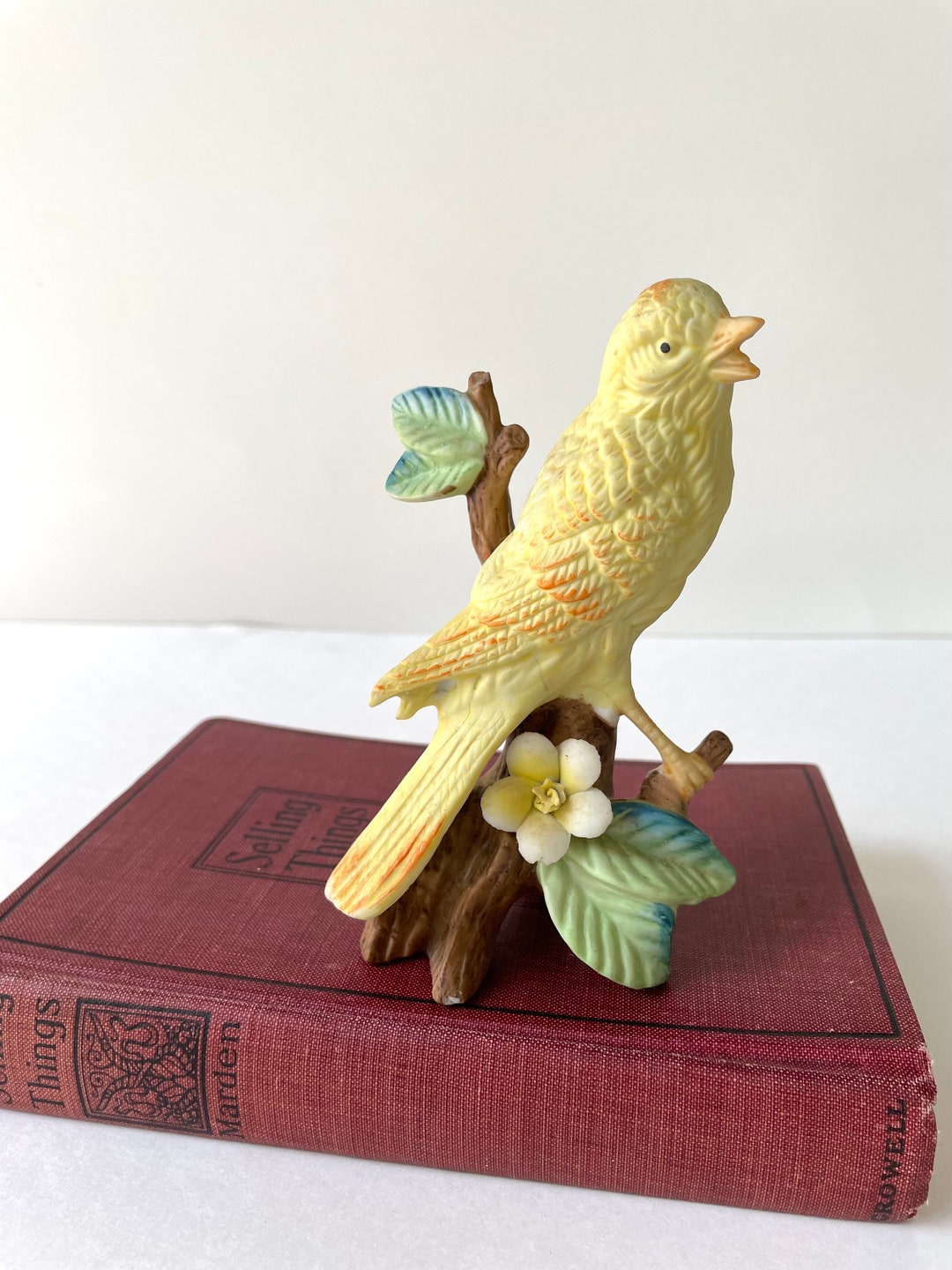 Vintage Yellow Bird Figurine on a Branch With Leaves and Flower ...