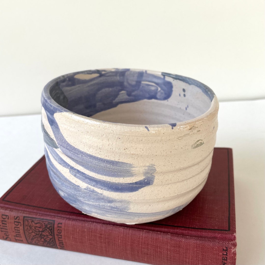 Vintage Student Pottery Class Bowl Vase, Wheel Thrown, Cream and Blue ...
