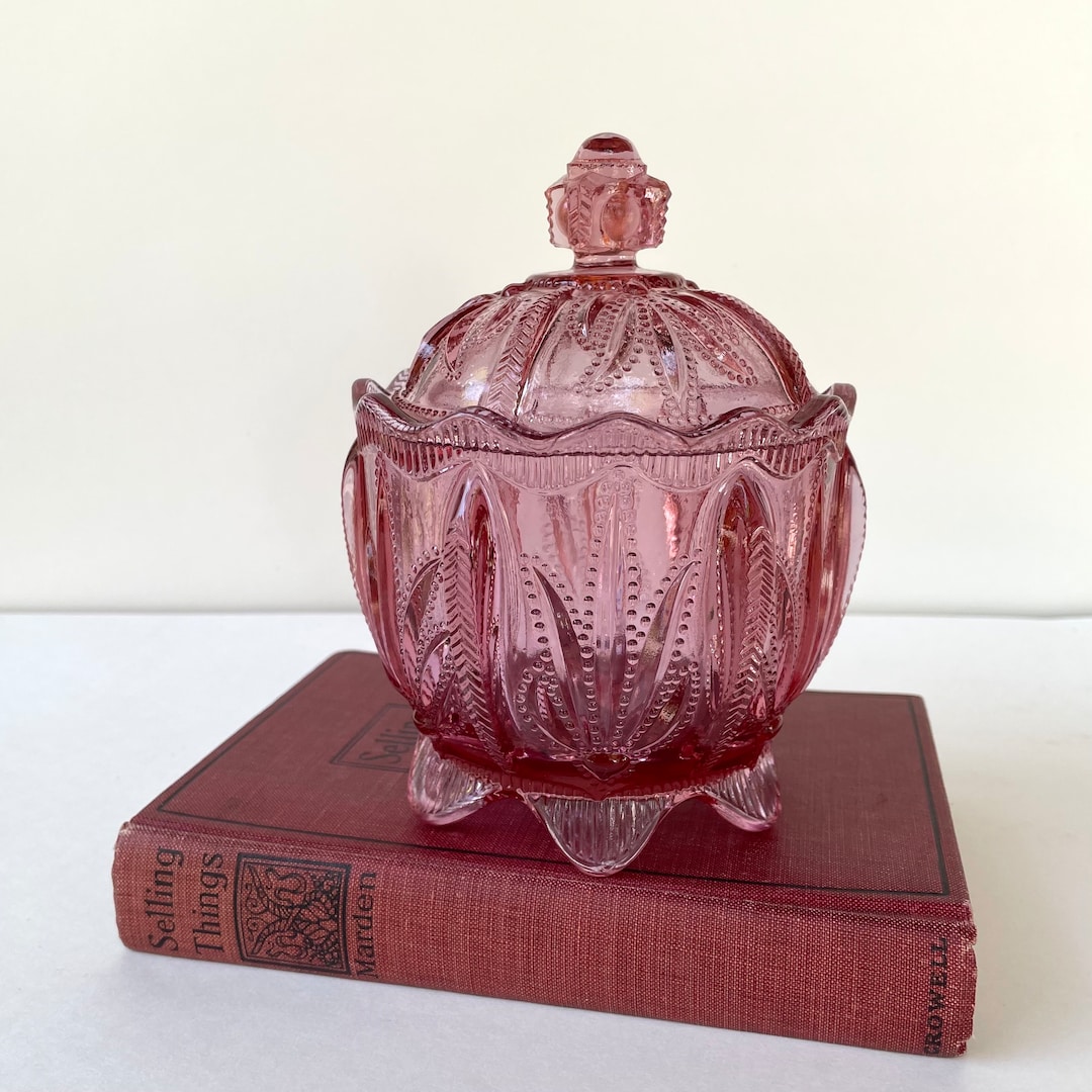Vintage Fenton Cactus Pattern Covered Candy Jar Dish, Clear Pink Glass ...