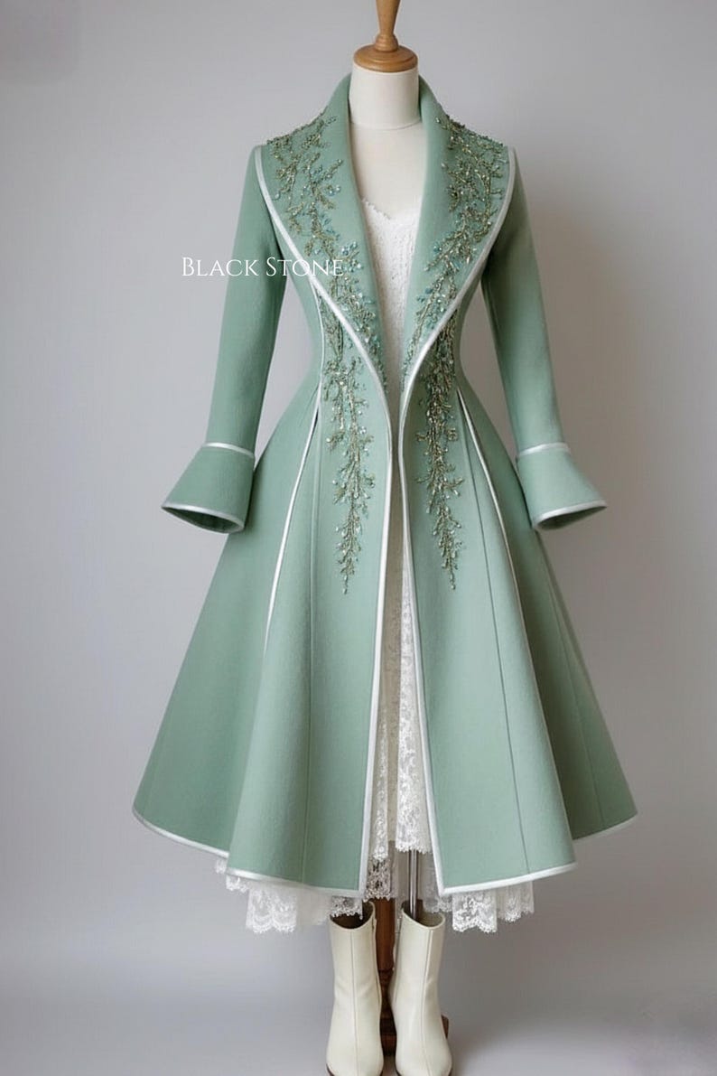 Women Sage Green Custom Made Embroidered Princess Long Coat Regency ...