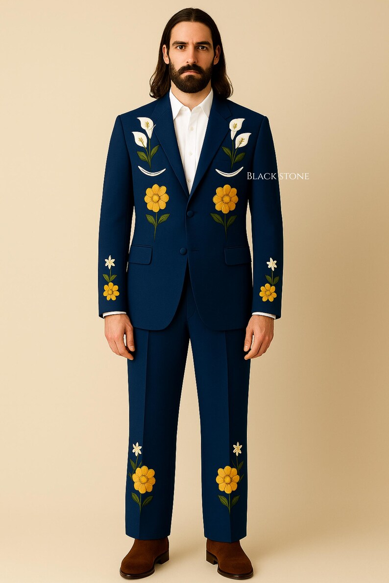 Men 2 Piece Embroidered Blue Suit Calla Lily Floral Bespoke Cowboy ...