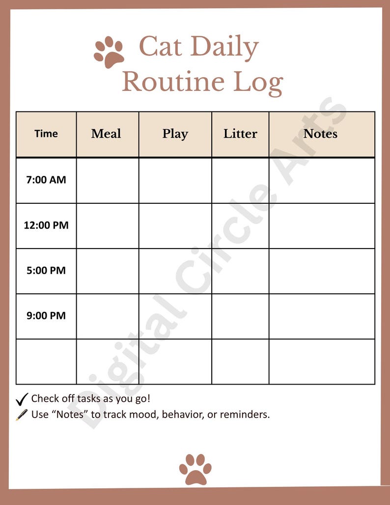 Cat Daily Routine Log | Printable Pet Care Tracker | Cat Feeding ...