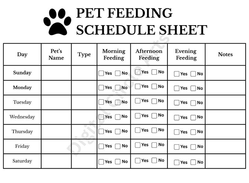 Printable Pet Feeding Schedule Sheet | A4 Landscape Pet Meal Planner ...