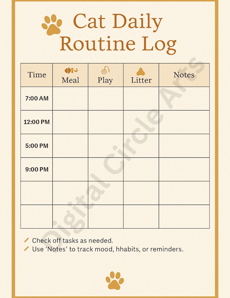 Cat Daily Routine Log | Printable Pet Care Tracker | Cat Feeding ...