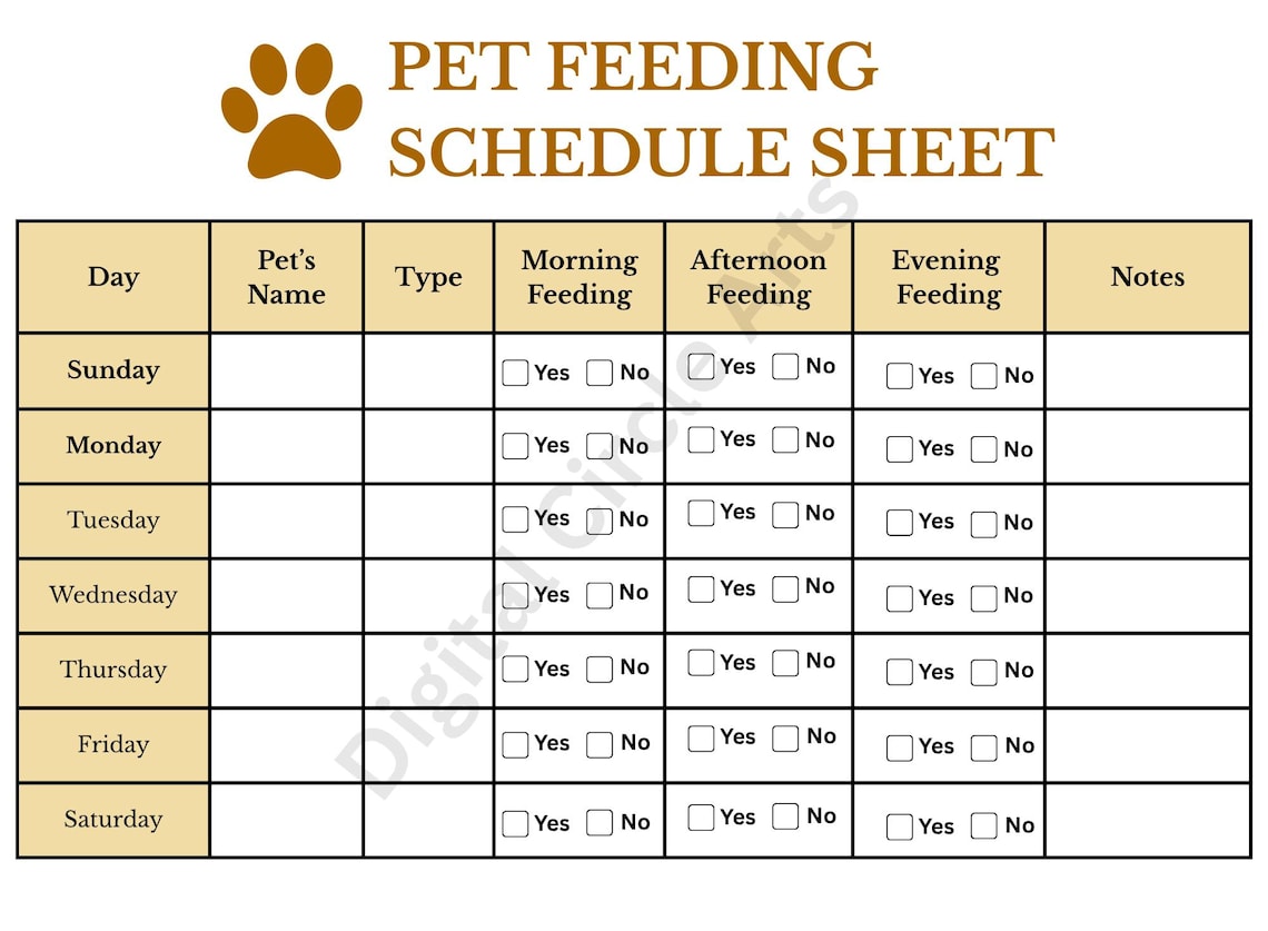 Printable Pet Feeding Schedule Sheet | A4 Landscape Pet Meal Planner ...