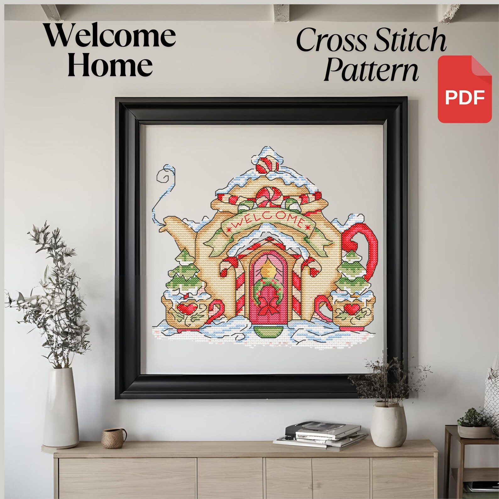 Welcome Home Cross Stitch Pattern Pdf-gingerbread House Teapot ...