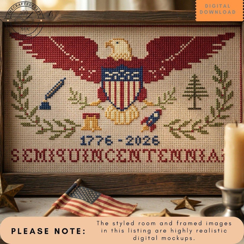 Primitive Eagle Cross Stitch Pattern, America 250 Sampler, Patriotic ...