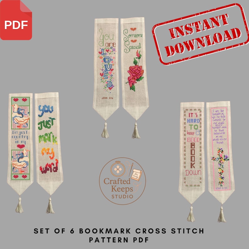Set of 6 Bookmark Cross Stitch Pattern Bundle|cute Vertical Bookmarks ...