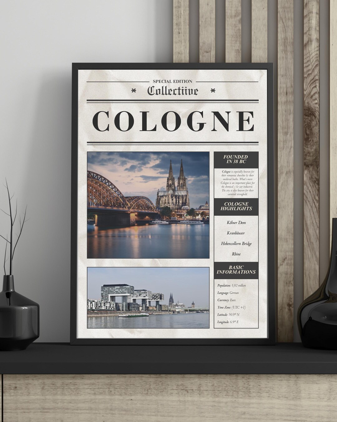 Cologne Poster in Newspaper Style – Minimalist City Print Without Frame ...