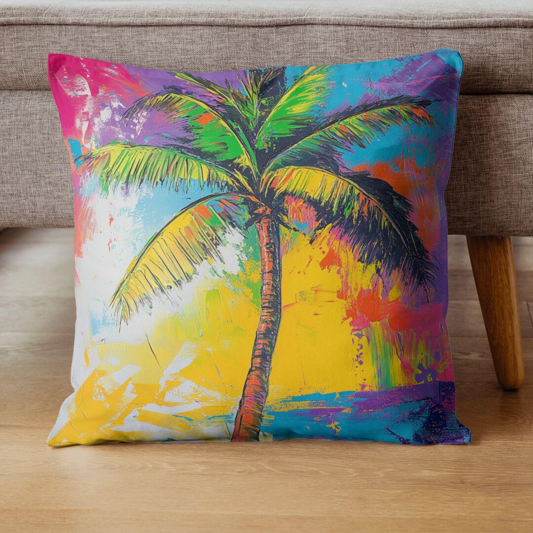 Bright Tropical Palm Tree Pillow, Beach House Decor, Summer Coastal ...