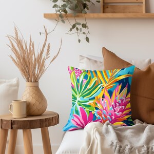 Bright Tropical Pillow, Colorful Jungle Leaf Cushion, Vibrant Botanical ...
