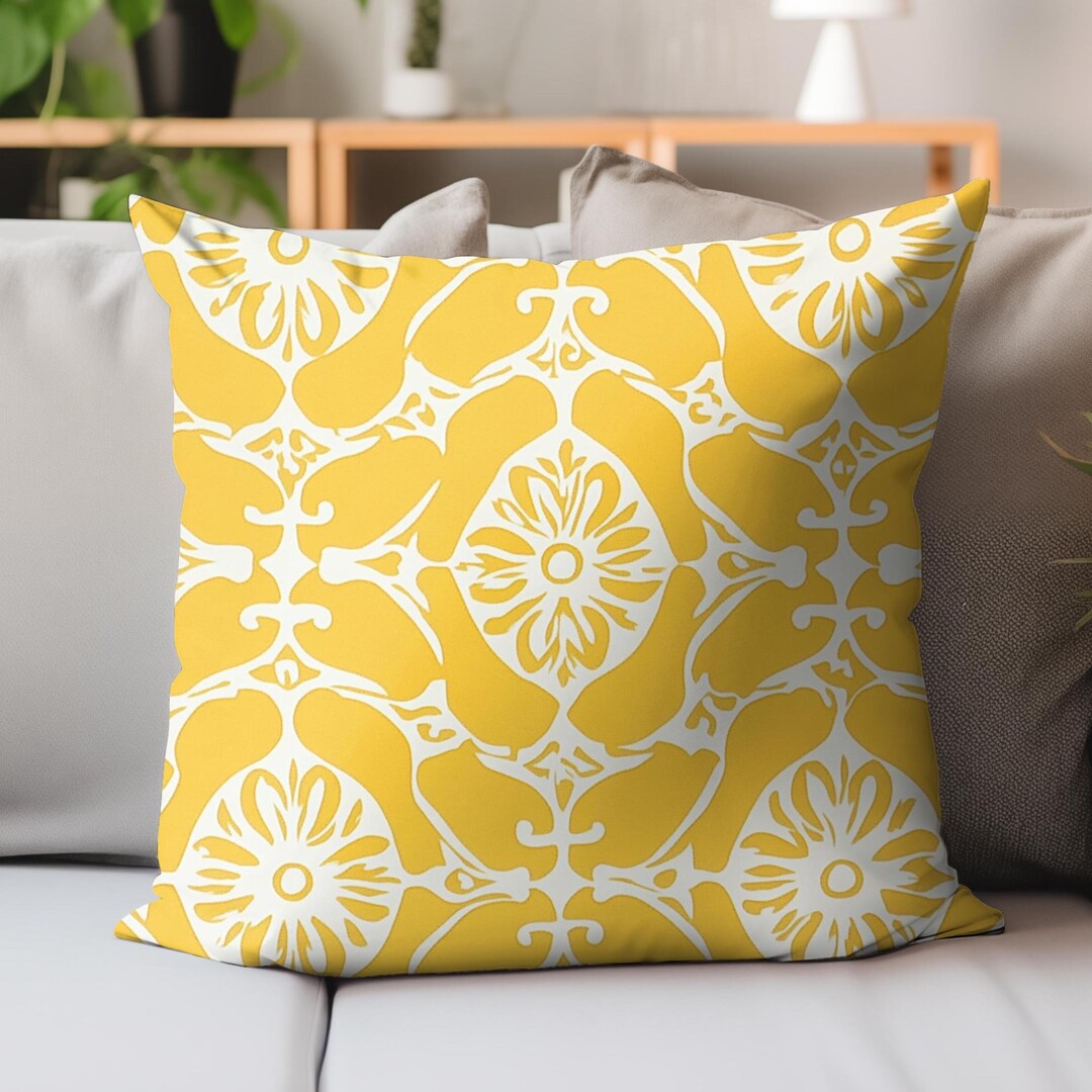 Bright Yellow Floral Pillow, Geometric Pattern Cushion, Retro Inspired ...