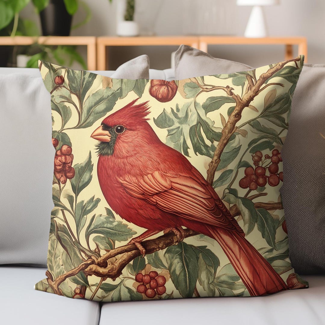 William Morris Inspired Cardinal Throw Pillow, Vintage Botanical Bird ...