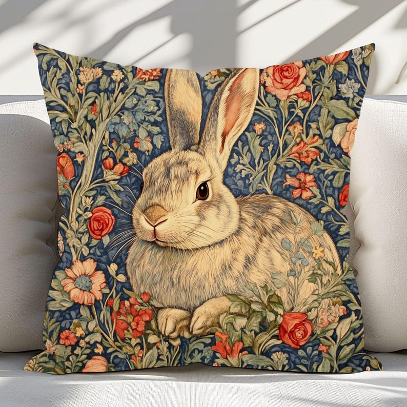 William Morris Inspired Rabbit Bunny Throw Pillow or Cover, Decorative ...