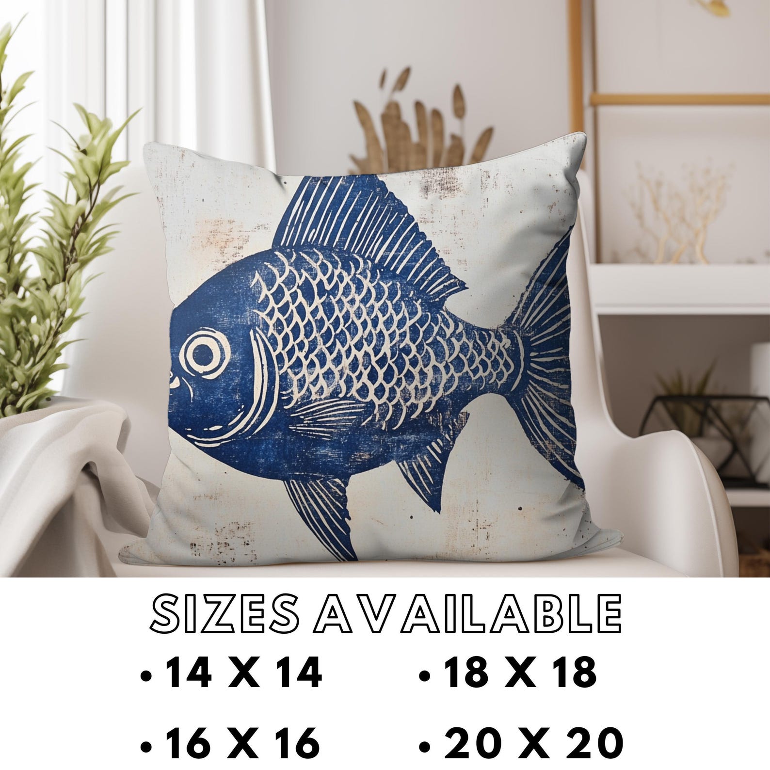 Coastal Blue Fish Throw Pillow, Nautical Accent Cushion, Beach Inspire ...