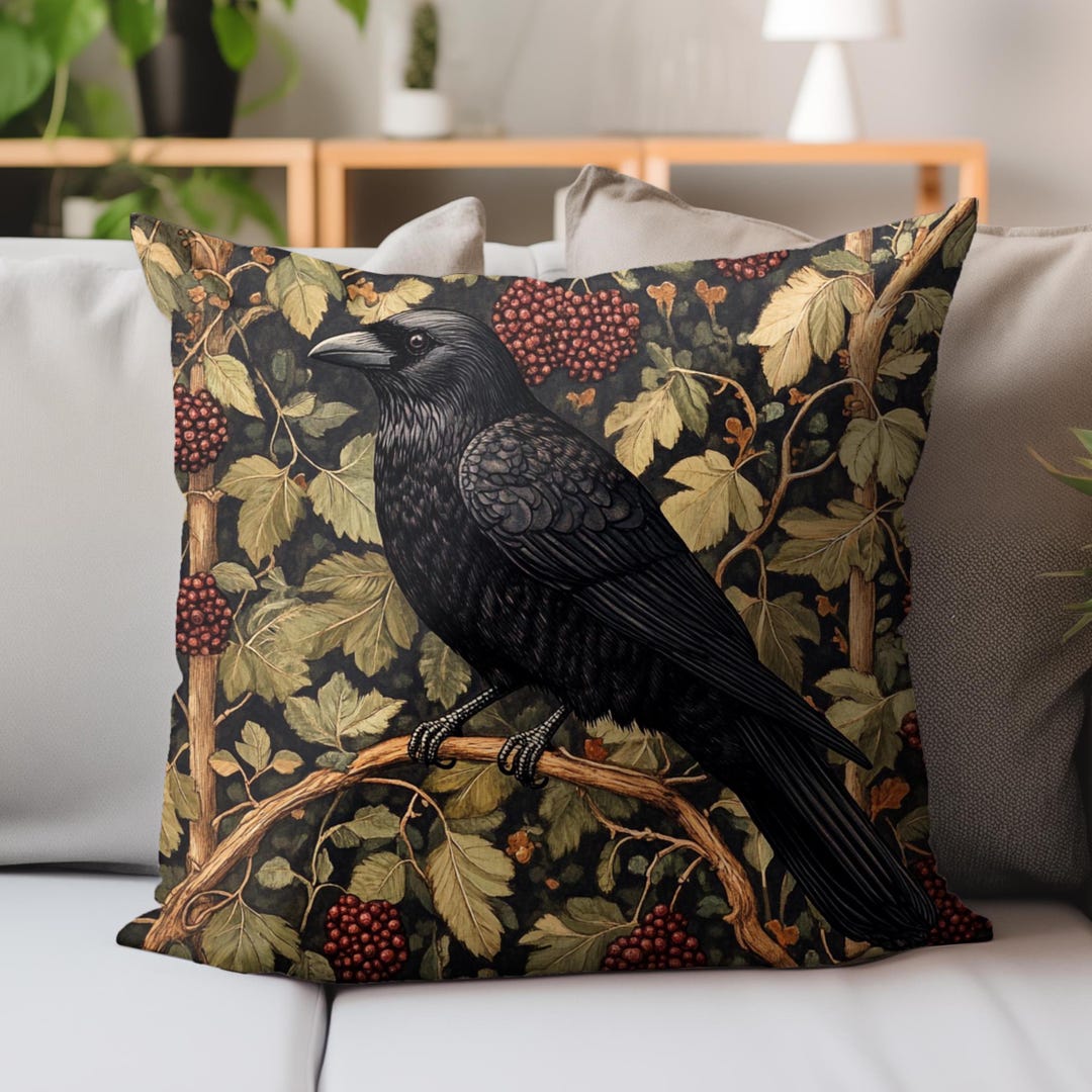 Raven and Brambles Decorative Pillow, Vintage Bird Cushion, William ...
