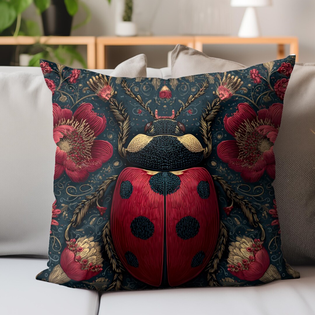 Ladybug Pillow, Floral Insect Cushion, Dark Botanical Throw Pillow ...