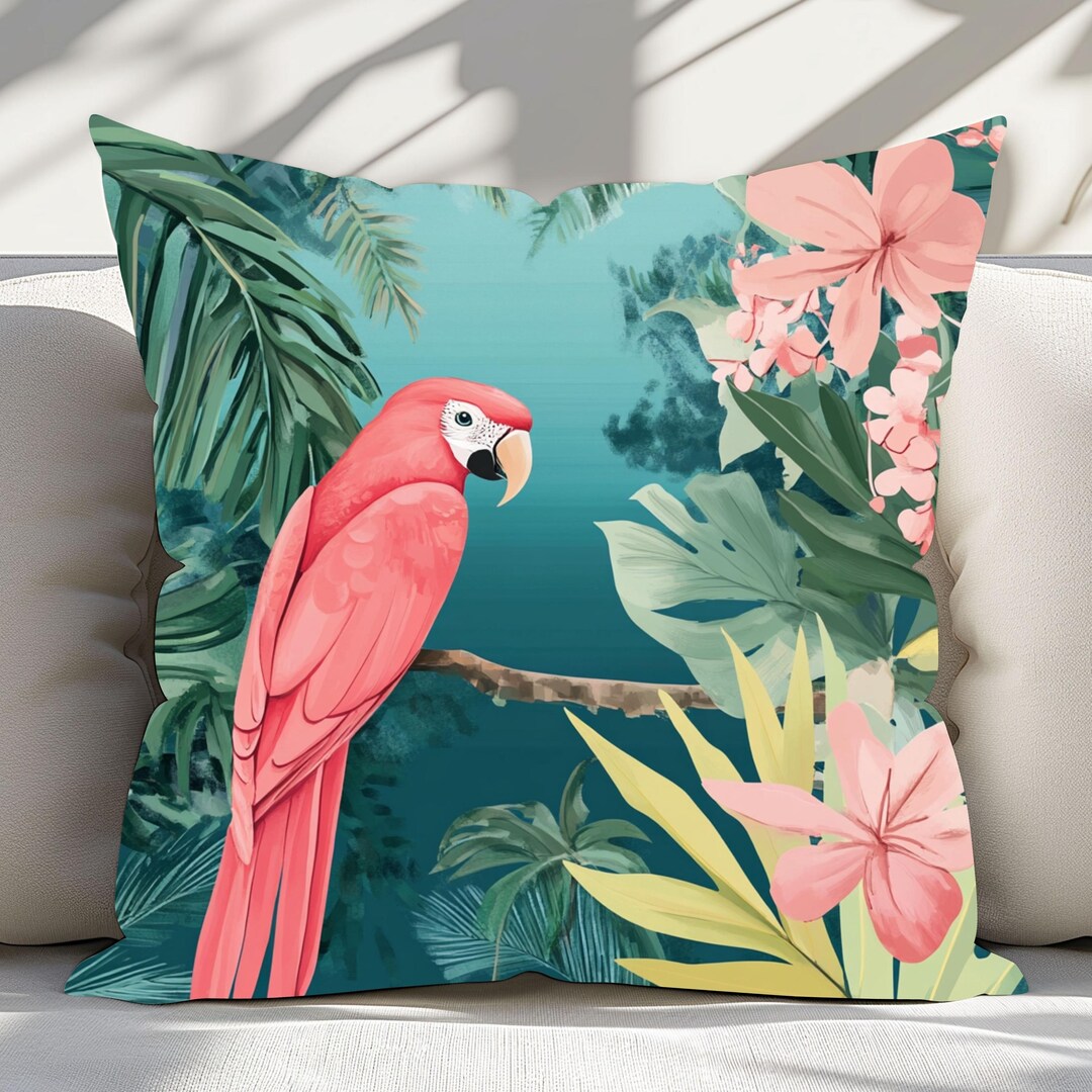 Vibrant Tropical Pink Parrot Pillow and Cover, Tropical Bird Throw ...