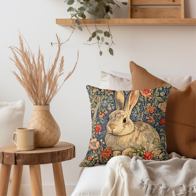 William Morris Inspired Rabbit Bunny Throw Pillow or Cover, Decorative ...