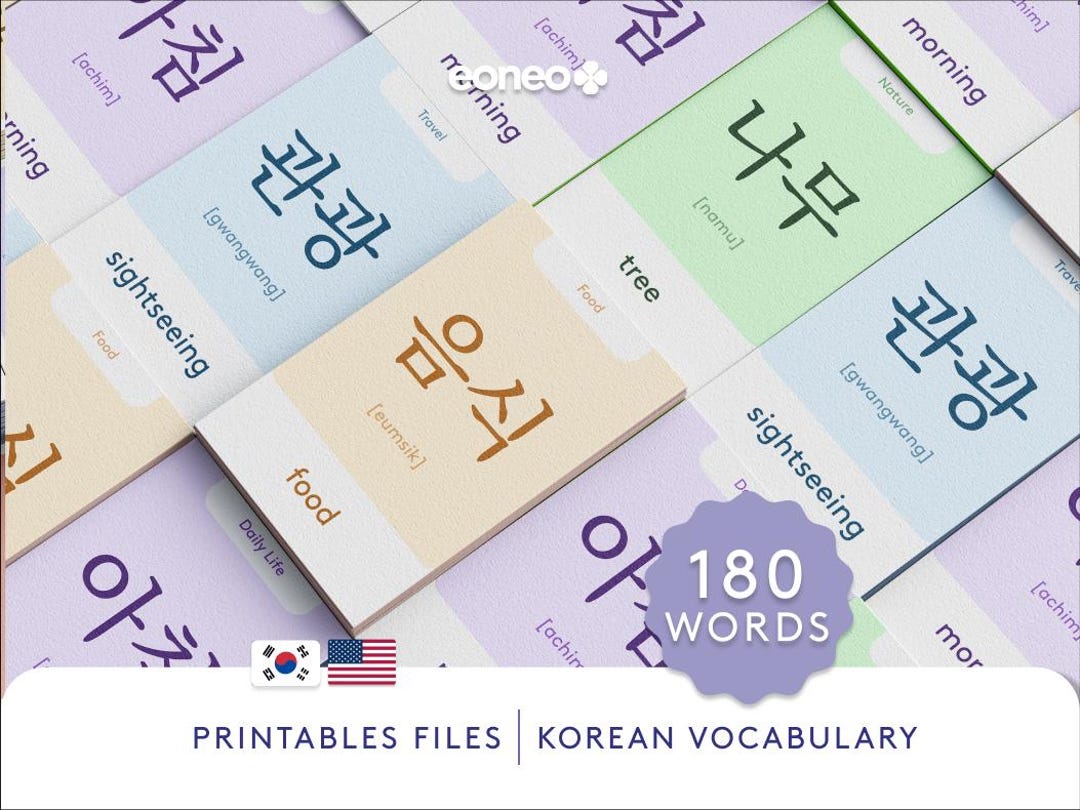 Printable Korean Vocabulary Flashcards: Hangeul, English (PDF Download ...