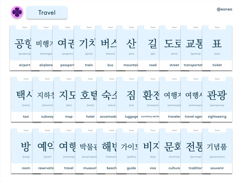 Printable Korean Vocabulary Flashcards: Hangeul, English (PDF Download ...
