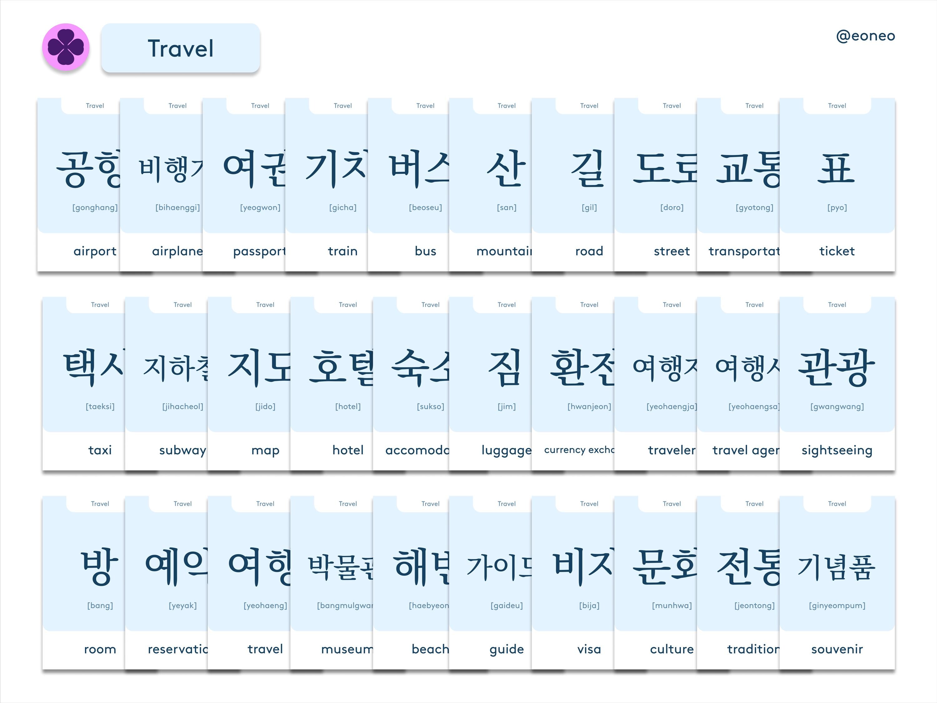 Printable Korean Vocabulary Flashcards: Hangeul, English (PDF Download ...