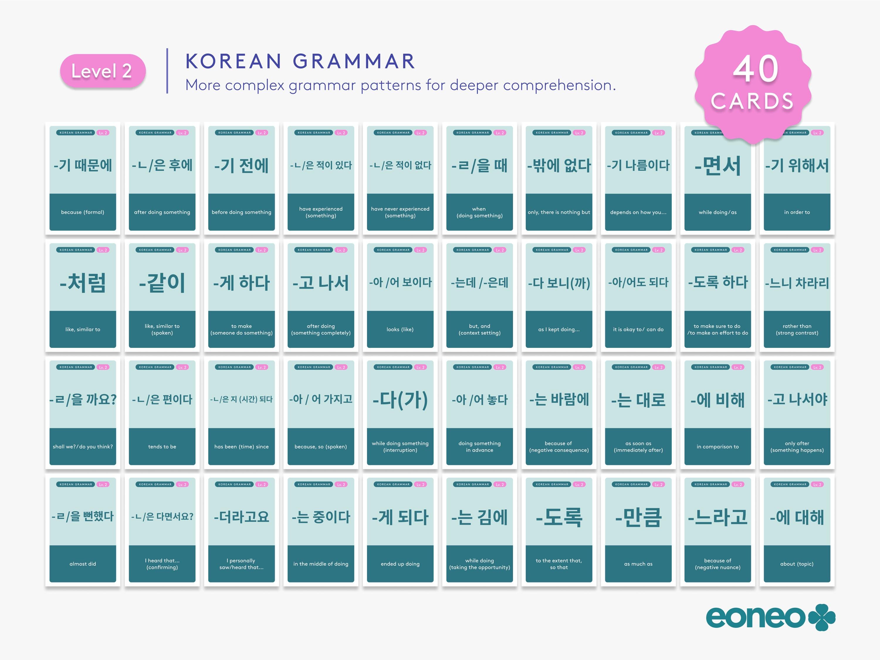 Korean Grammar Flashcards: Beginner to Advanced (120 Printable Cards ...