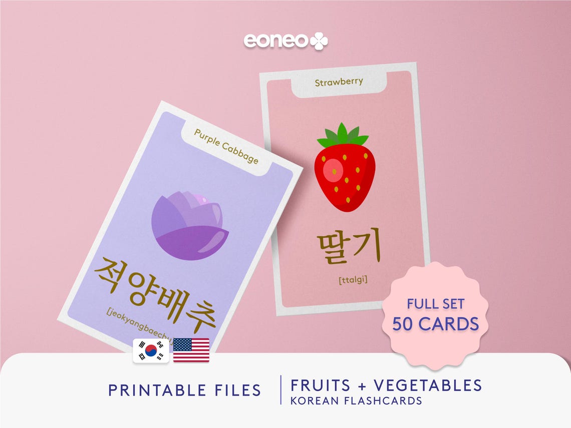 Korean Flashcards: Fruits & Vegetables Learning Set (PDF Download) - Etsy