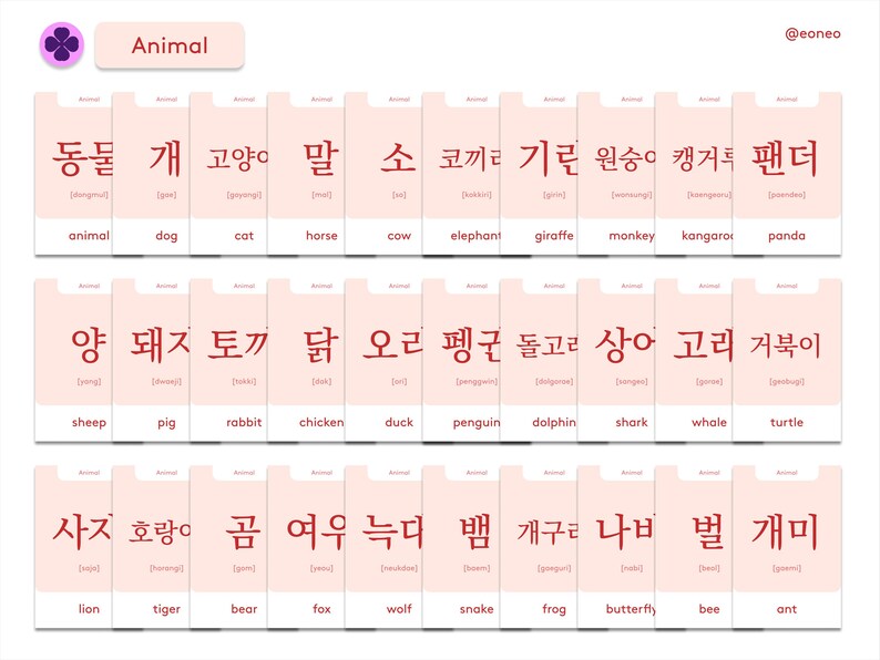 Printable Korean Flashcards 180 Words, Hangeul | English Translation ...