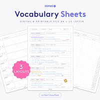 Vocabulary List Printable, Vocabulary Notes Worksheet, Minimal Language ...