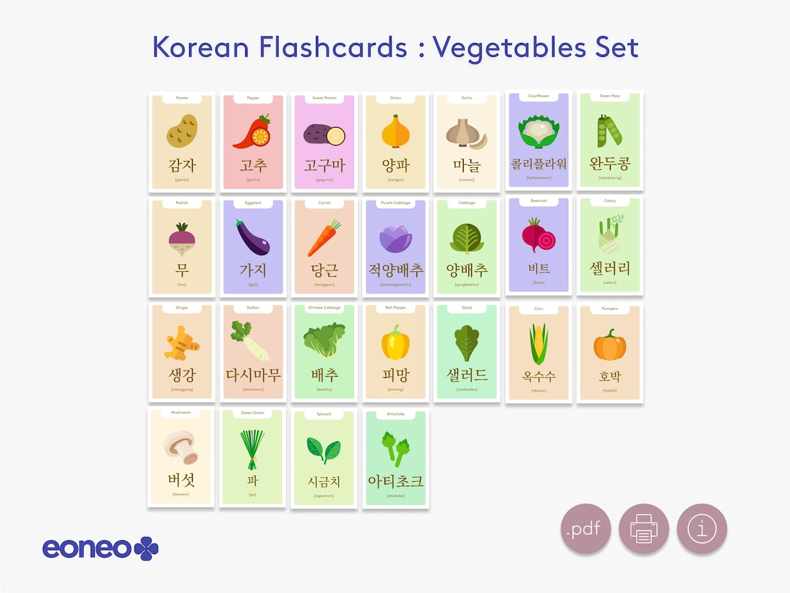 Printable Korean Vegetable Flashcards: Language Learning (PDF Download ...