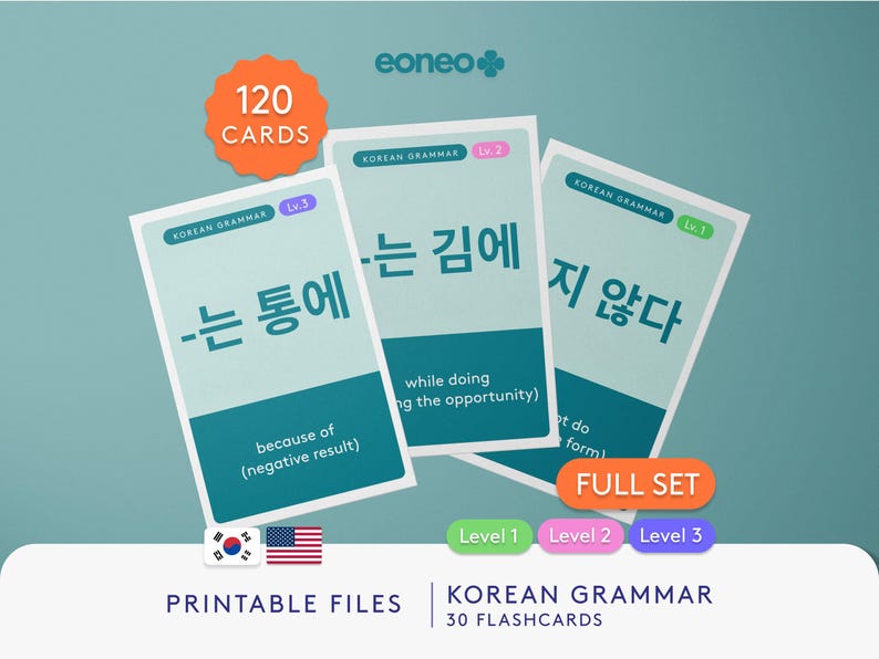 Korean Grammar Flashcards: Beginner to Advanced (120 Printable Cards ...