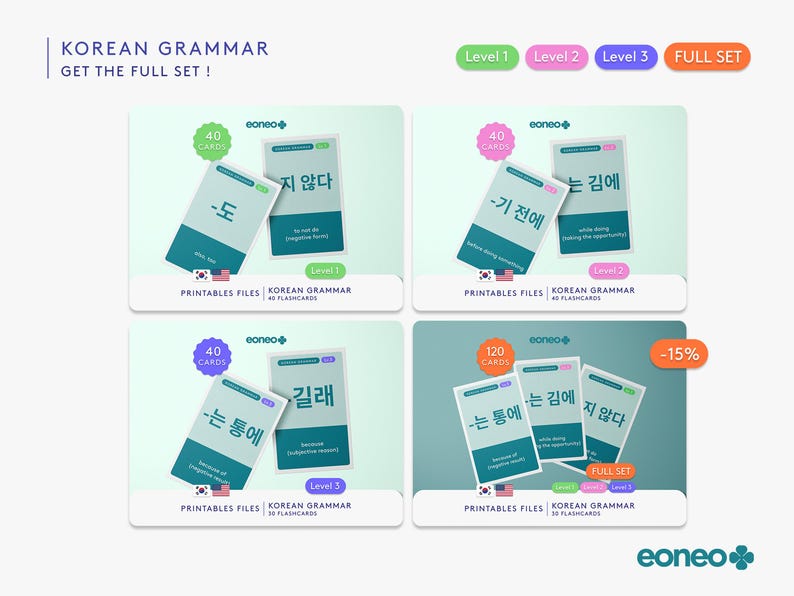 Korean Grammar Flashcards: Beginner to Advanced (120 Printable Cards ...