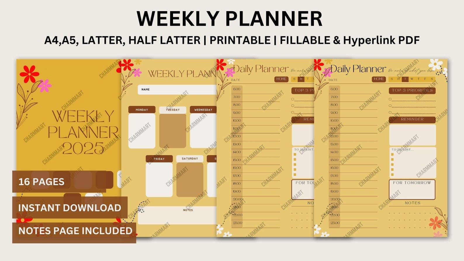 Weekly & Daily Planner Printable: A4, A5, Letter Sizes (instant ...