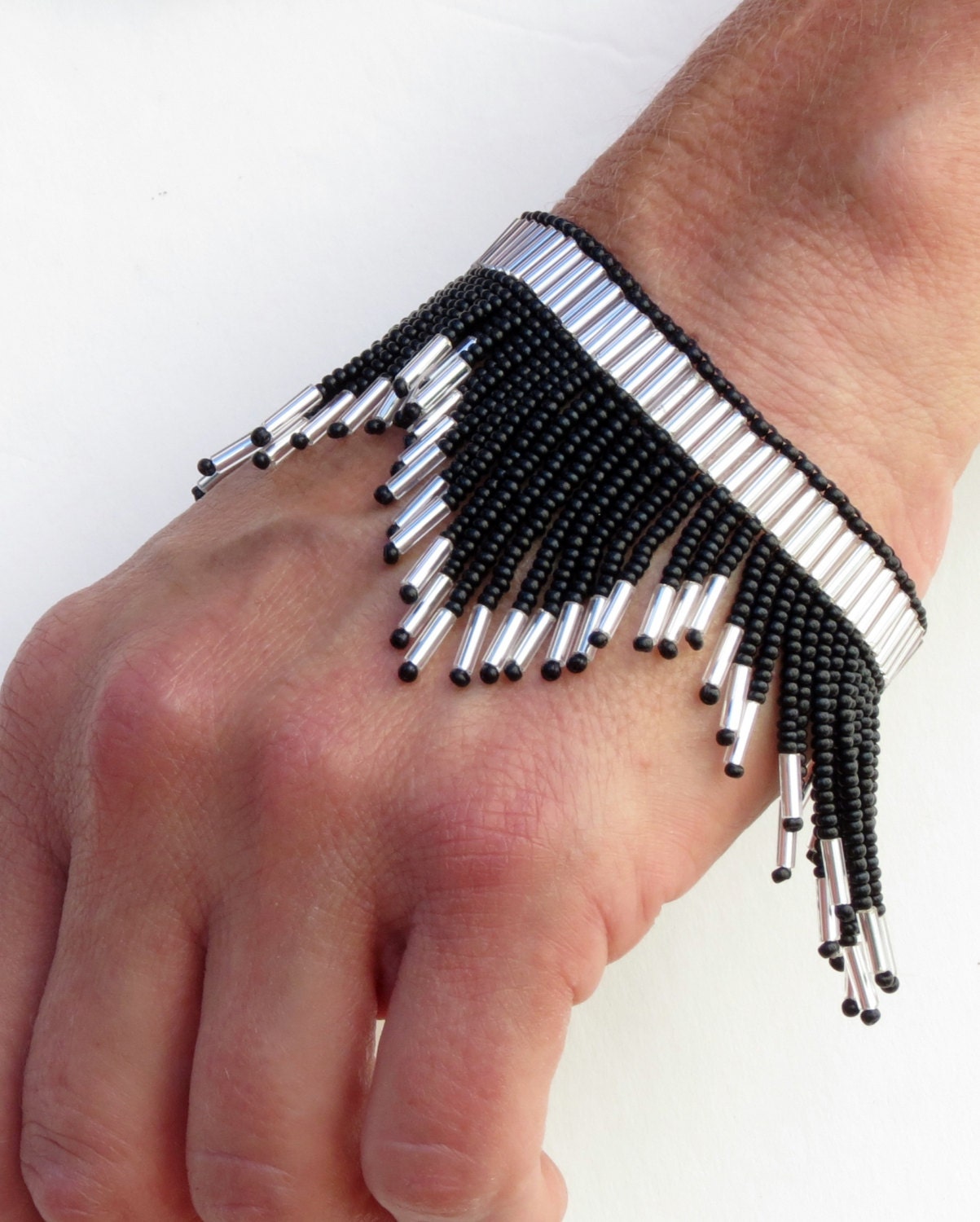 Silver and Black "v Fringe" Loom Woven Bracelet - Etsy