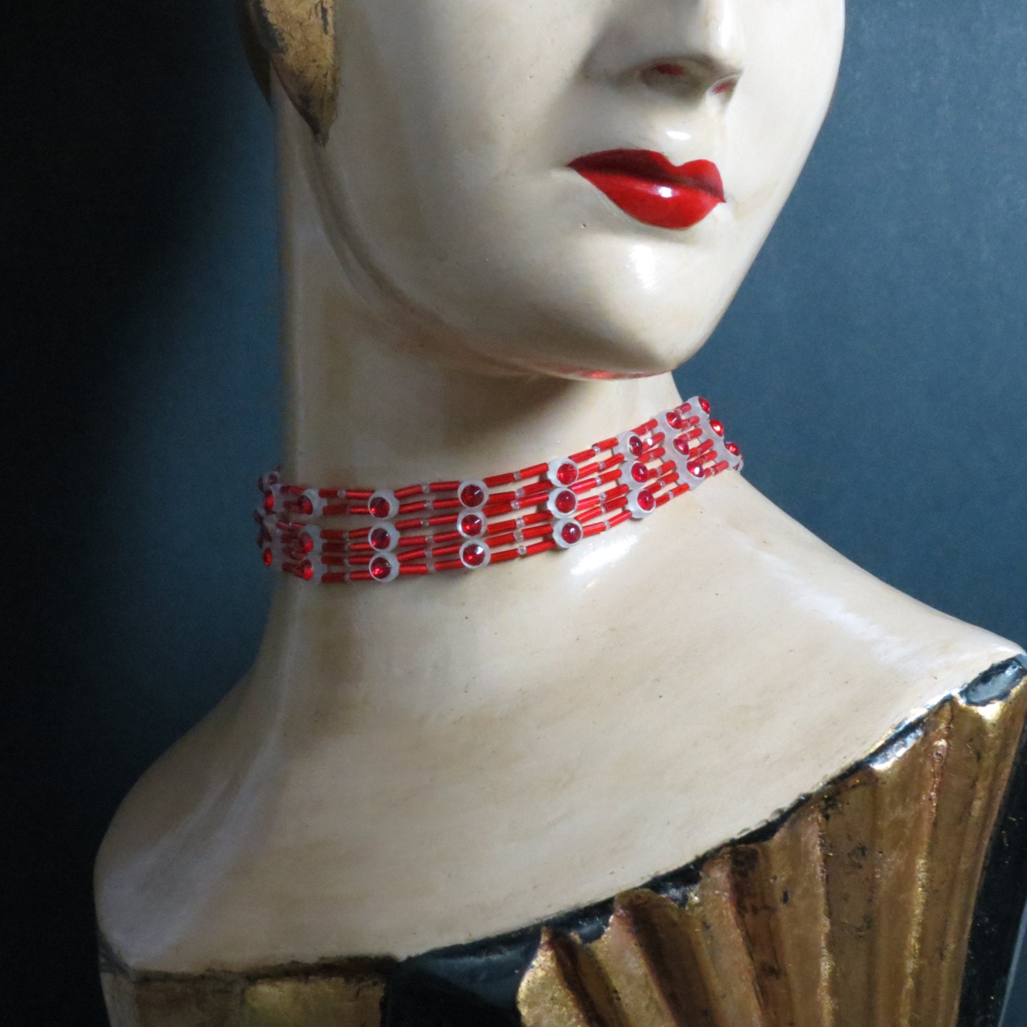 Handmade Vintage Rhinestone and Bugle Bead "red Shimmer" Beaded Choker ...