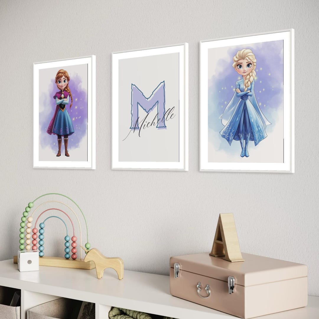 Personalized Elsa Wall Art for Kids Room Custom Elsa Name Set of 3 ...