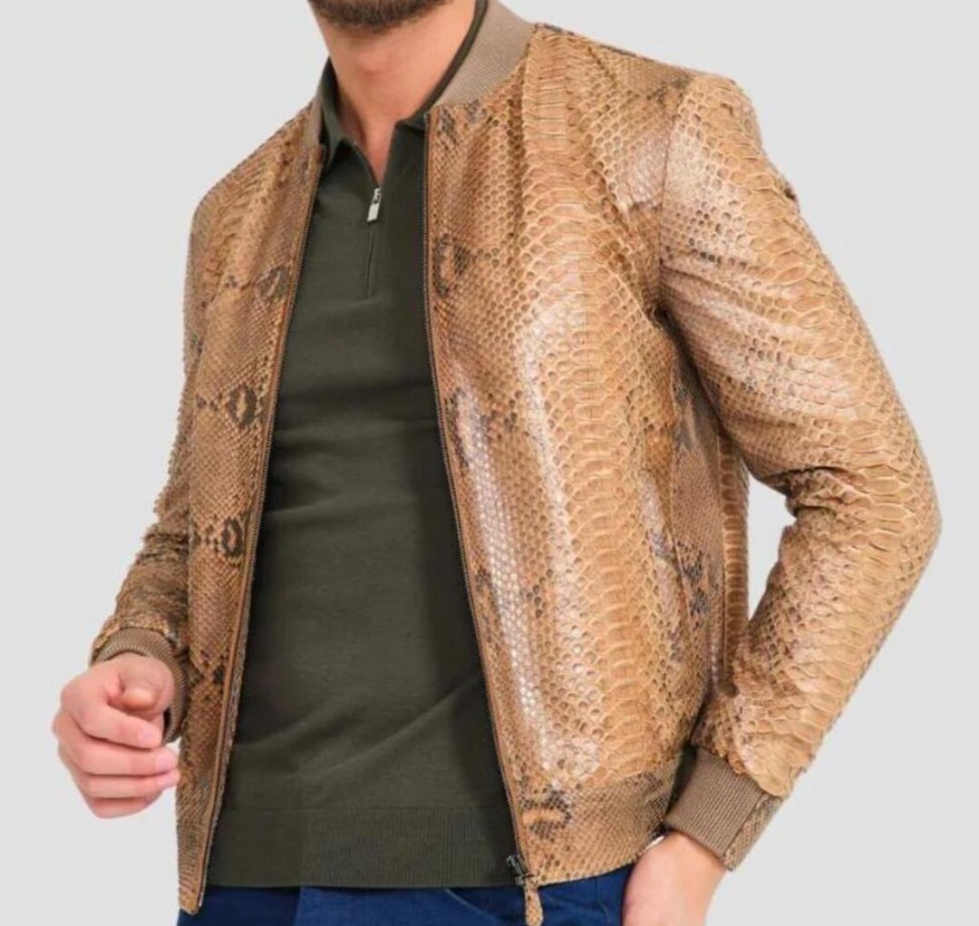 Handmade Python Embossed Leather Jacket Premium Quality Brown Biker ...