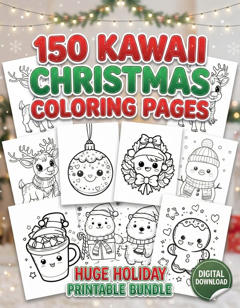 150 Kawaii Christmas Coloring Pages for Kids | Huge Holiday Printable ...